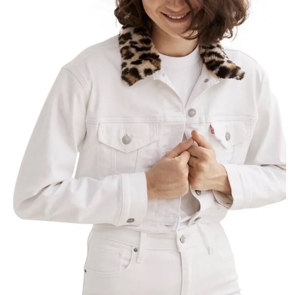 Levi's | Jackets & Coats | Levis White Leopard Trim Cropped Denim Jean ...